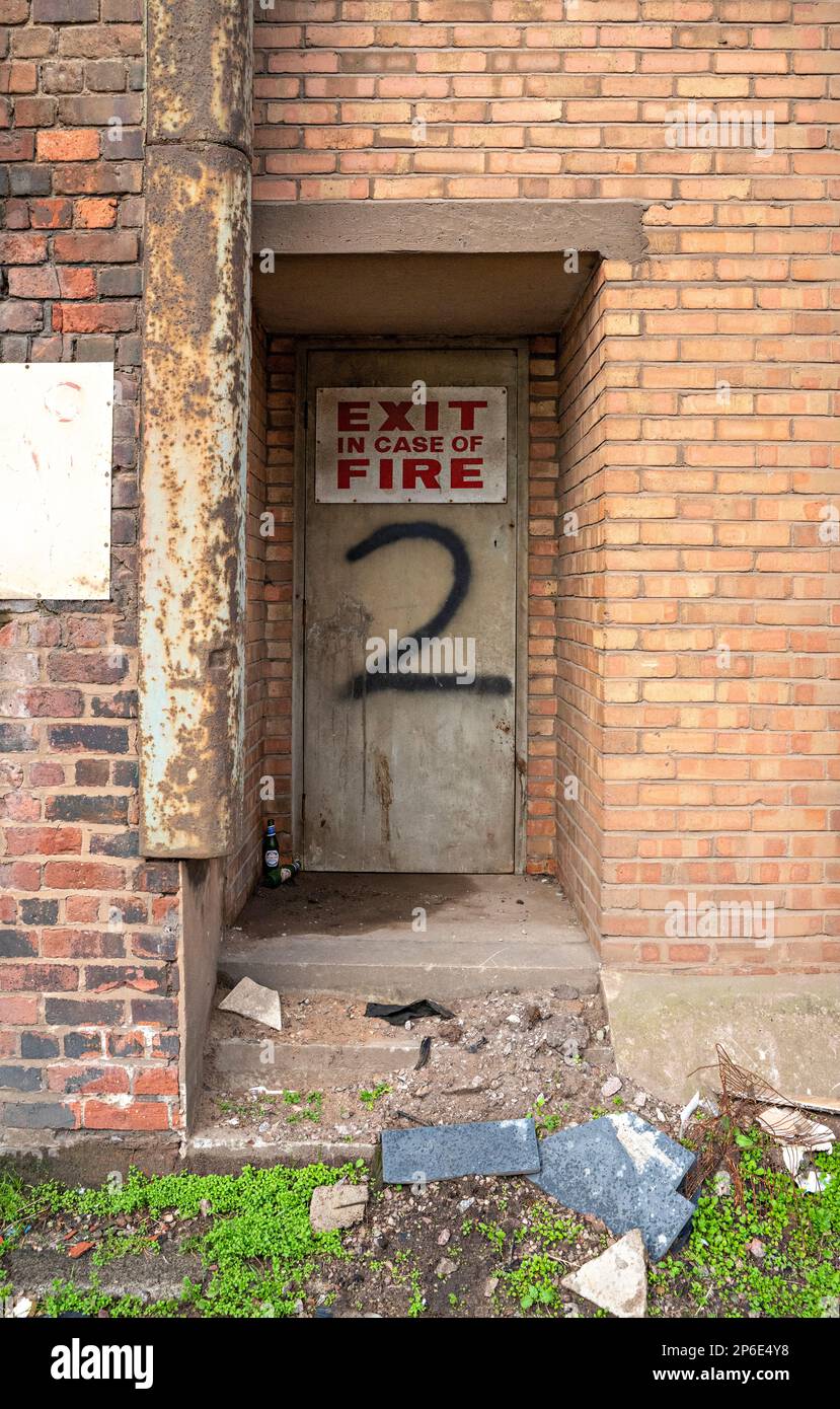 Exit in case of Fire, door, Dockland Warehouse, Liverpool, UK Stock ...