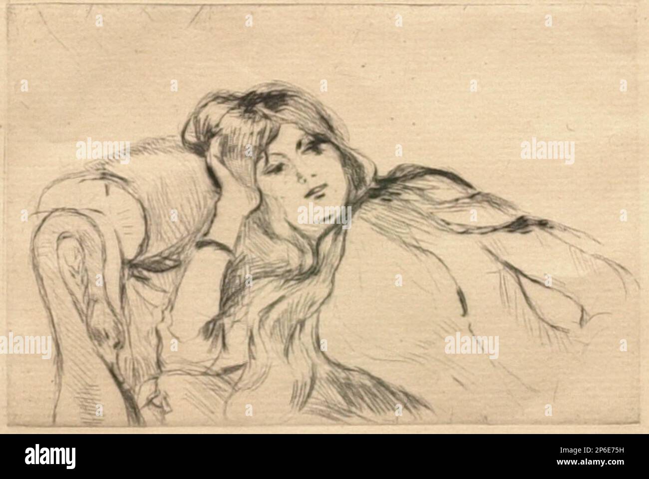 Berthe Morisot, Young Woman Reclining on a Chaise Longue, drypoint on ...