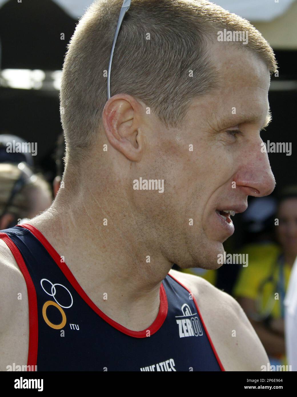 Hunter Kemper, of Colorado Springs, CO, on the finish line at the ITU ...