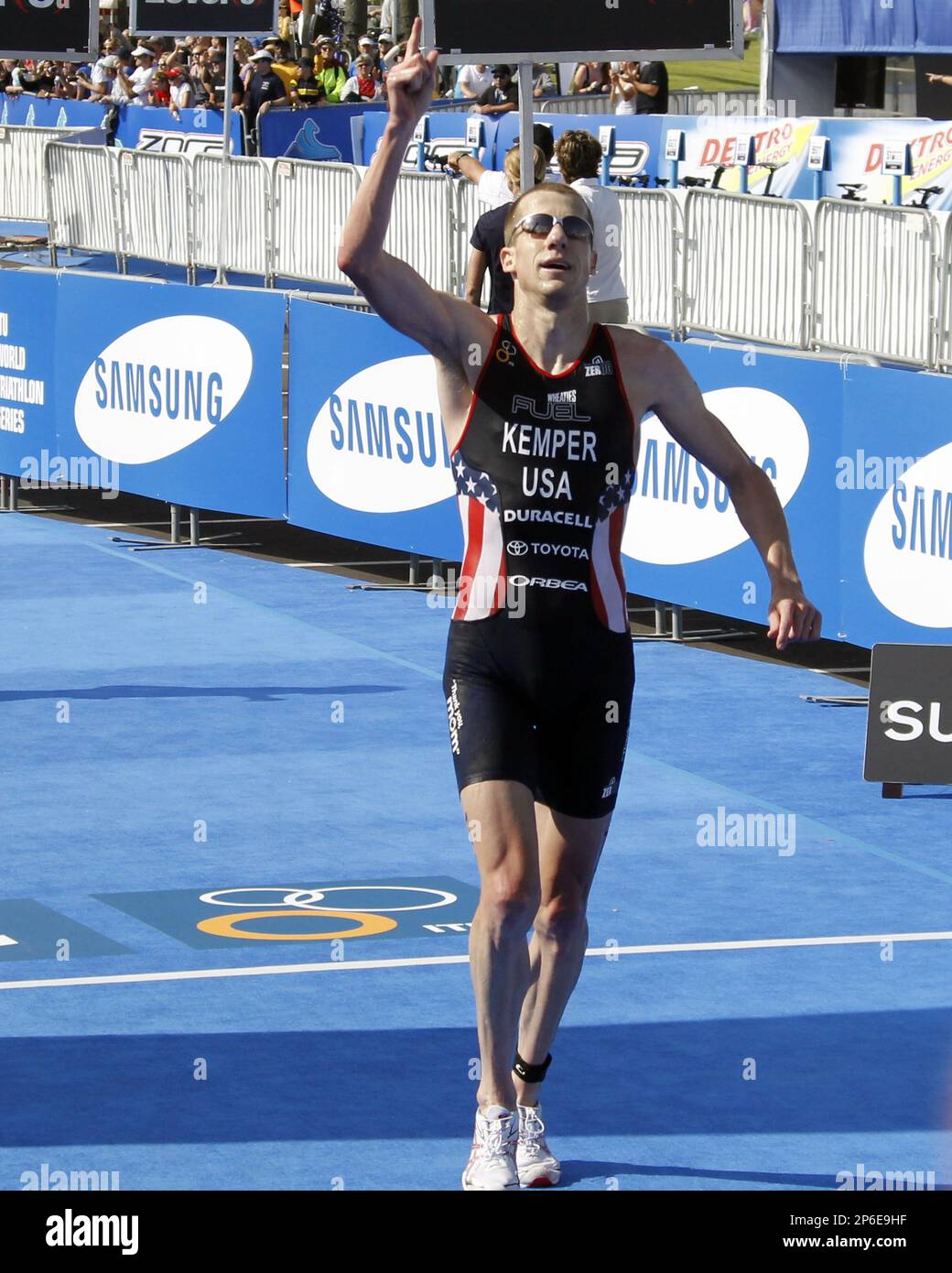 Hunter Kemper, of Colorado Springs, CO, on the finish line at the ITU ...