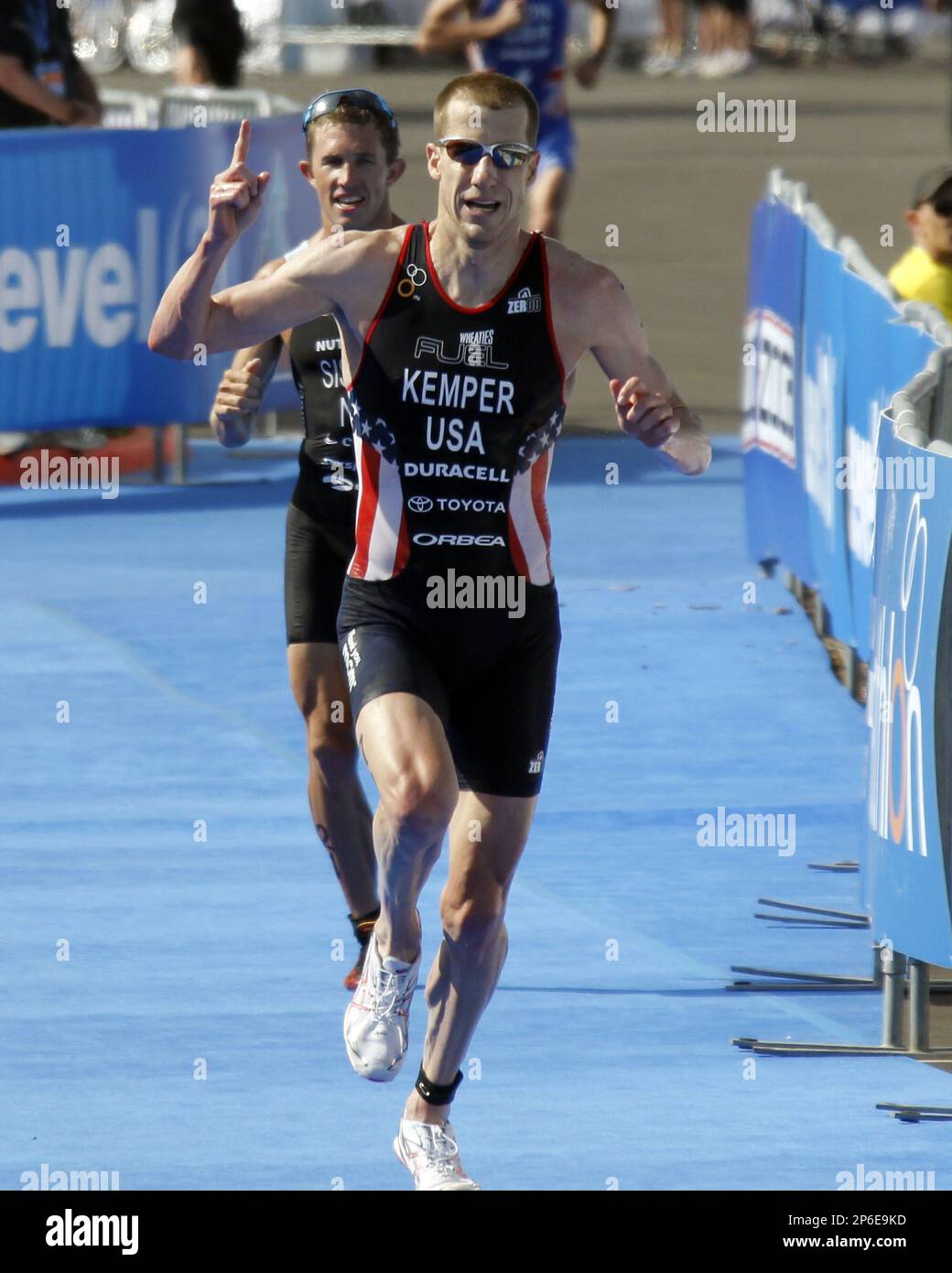 Hunter Kemper, of Colorado Springs, CO, on the finish line at the ITU ...