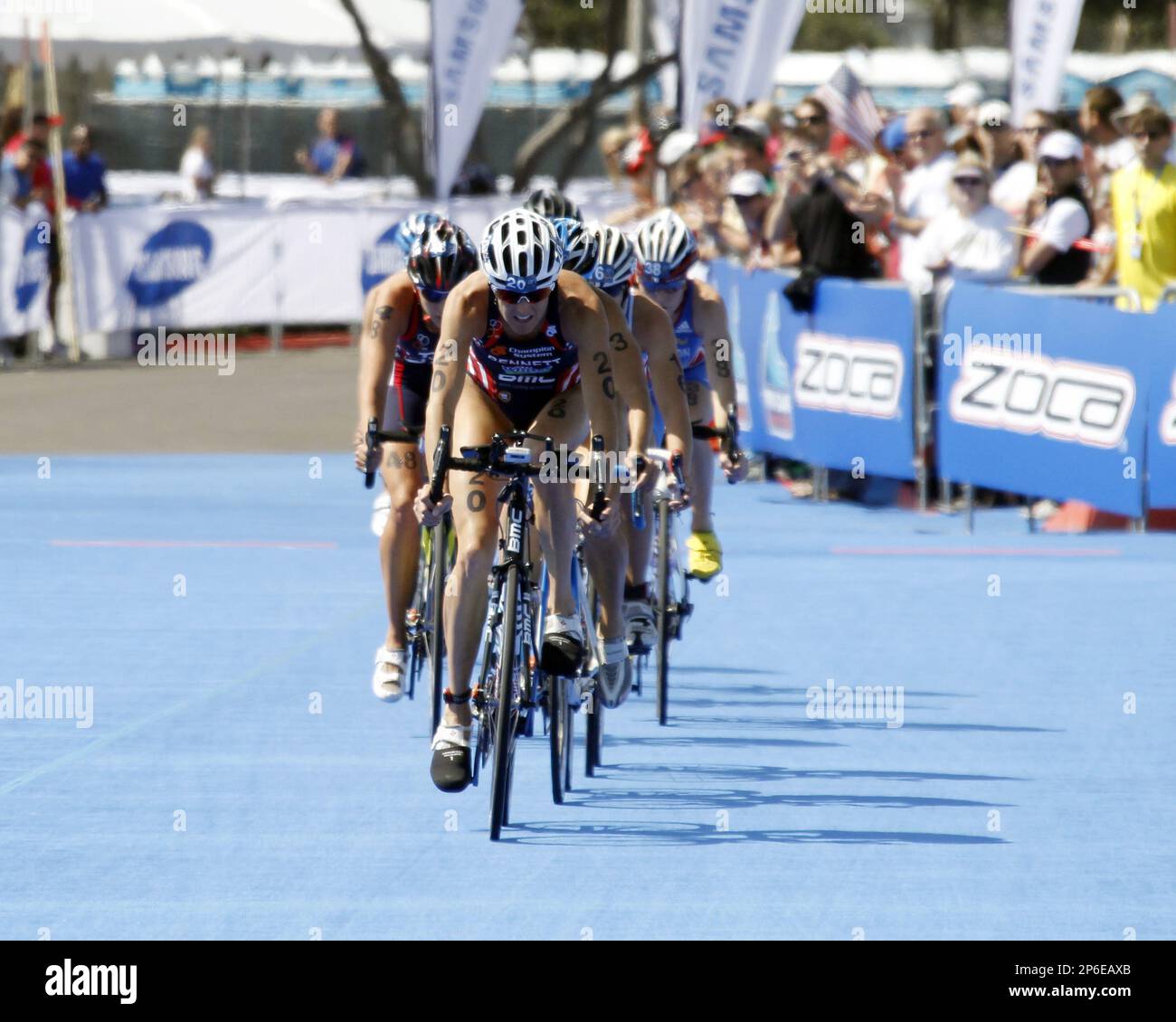 Laura Bennett, of Boulder, Co, leads a bike pack at the ITU World ...