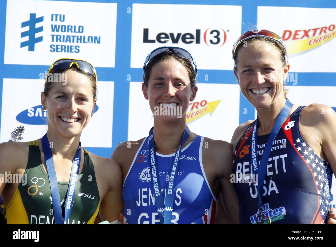On the podium, from left to right, Erin Densham, of Australia, 2nd ...