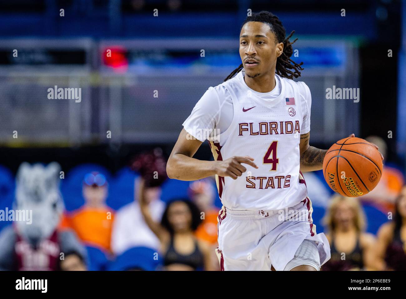 March 7, 2023: Florida State Seminoles guard Caleb Mills (4) brings the ...