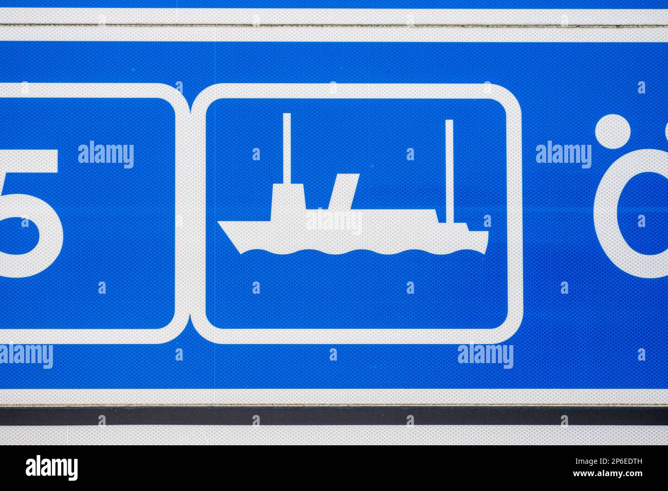 Close up of a blue and white ferry road sign Stock Photo - Alamy