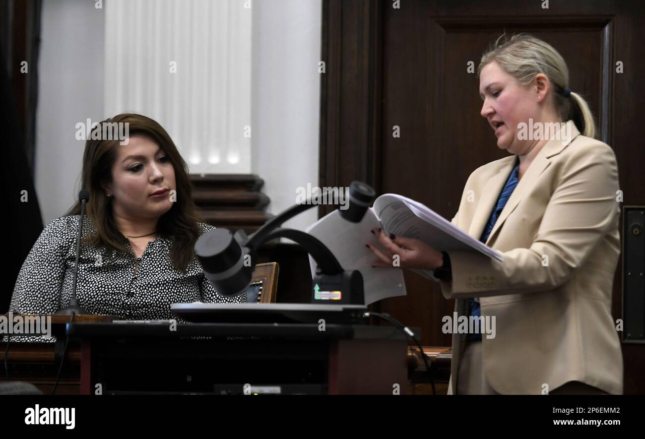Assistant District Attorney Jessica Krejcarek, right, asks questions as ...