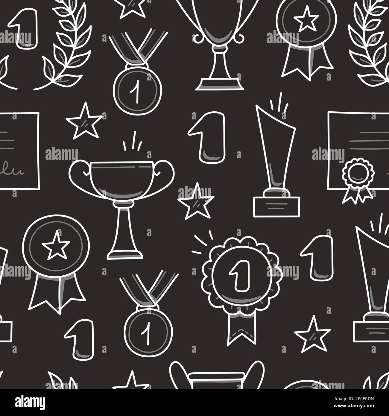 Award doodle hand drawn seamless pattern. Winner trophy cup, champion ...