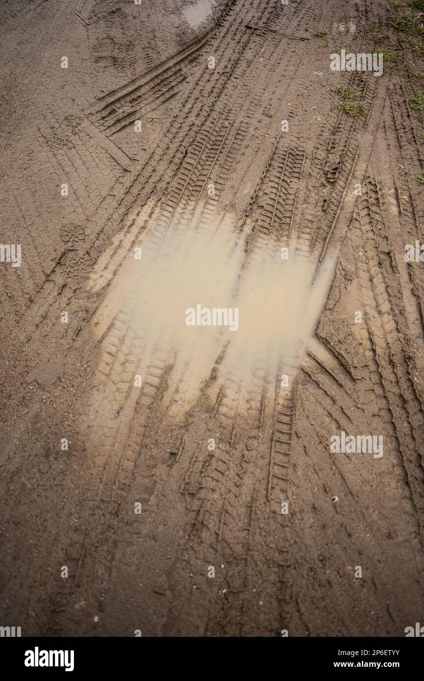 Car tracks in brown mud at a parking lot Stock Photo - Alamy