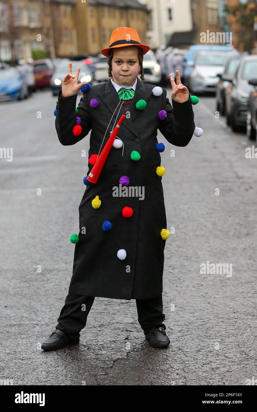 London, UK. 07th Mar, 2023. An Orthodox Jewish boy in fancy dress seen ...