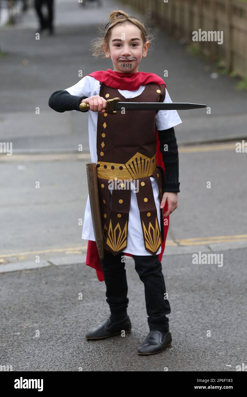 London, UK. 07th Mar, 2023. An Orthodox Jewish girl in fancy dress seen ...