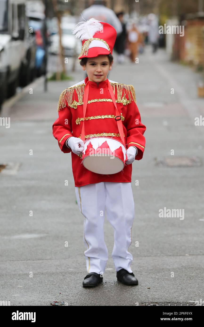 An Orthodox Jewish boy dressed as a marching band player as Jews ...