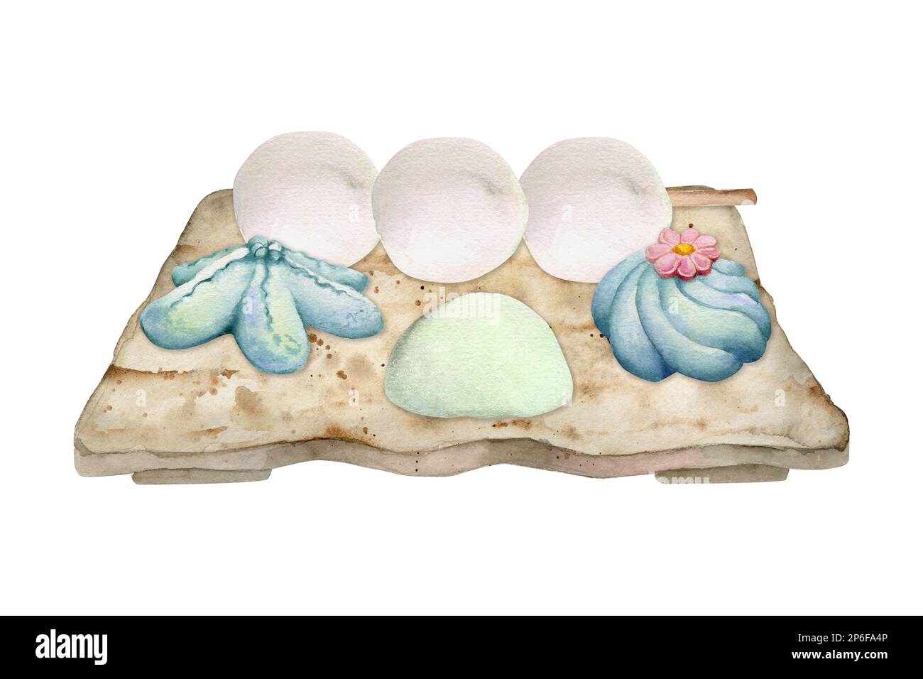 Watercolor hand drawn traditional Japanese sweets. Ceramic dish, summer ...