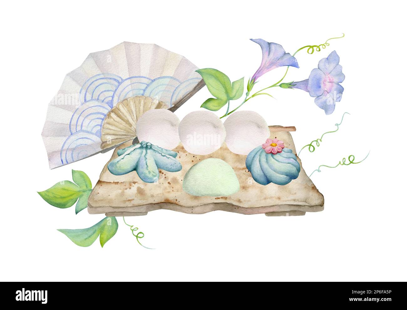 Watercolor hand drawn traditional Japanese sweets. Ceramic dish, summer ...