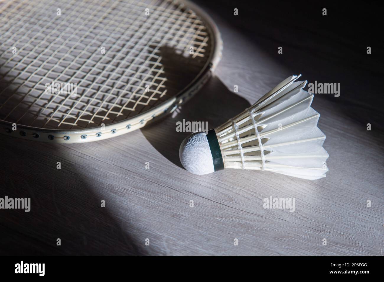 Badminton racket and shuttlecock on grey background. Horizontal sport ...