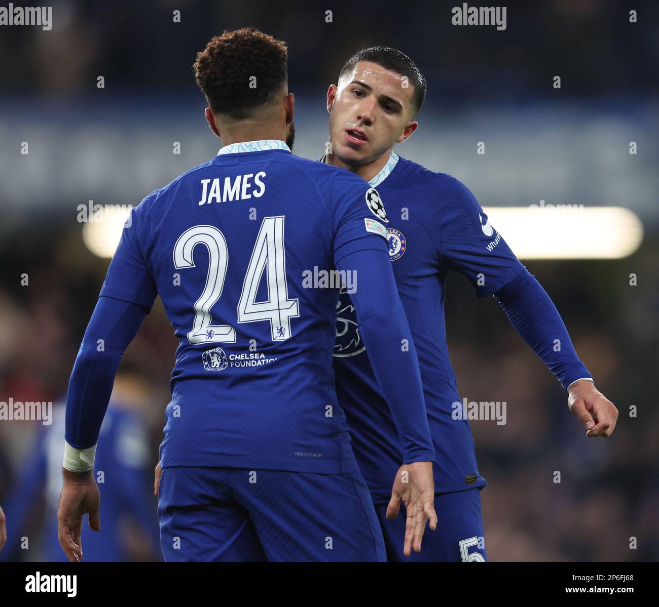 London, England, 7th March 2023. Enzo Fernandez of Chelsea and Reece James of Chelsea bump each ...