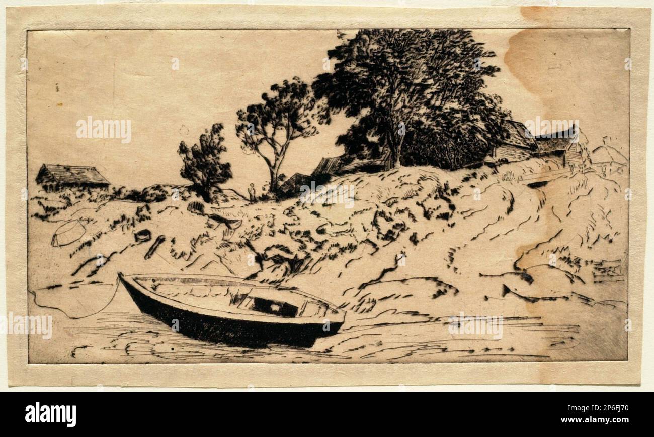 Paul Dougherty, Several Buildings Atop the Hill, a Boat Tied up ...