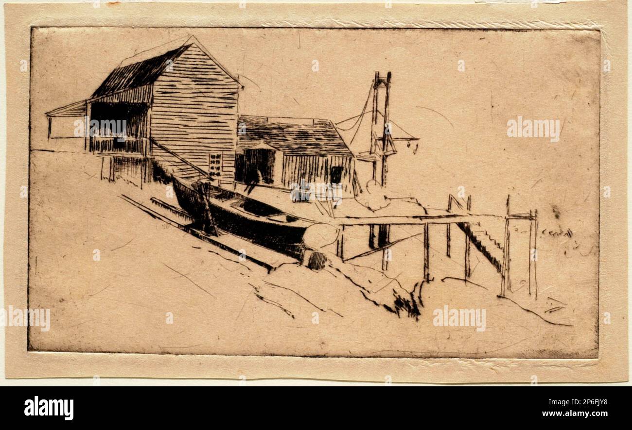 Paul Dougherty, Two Buildings with a Dock, Boat Drydocked in the ...