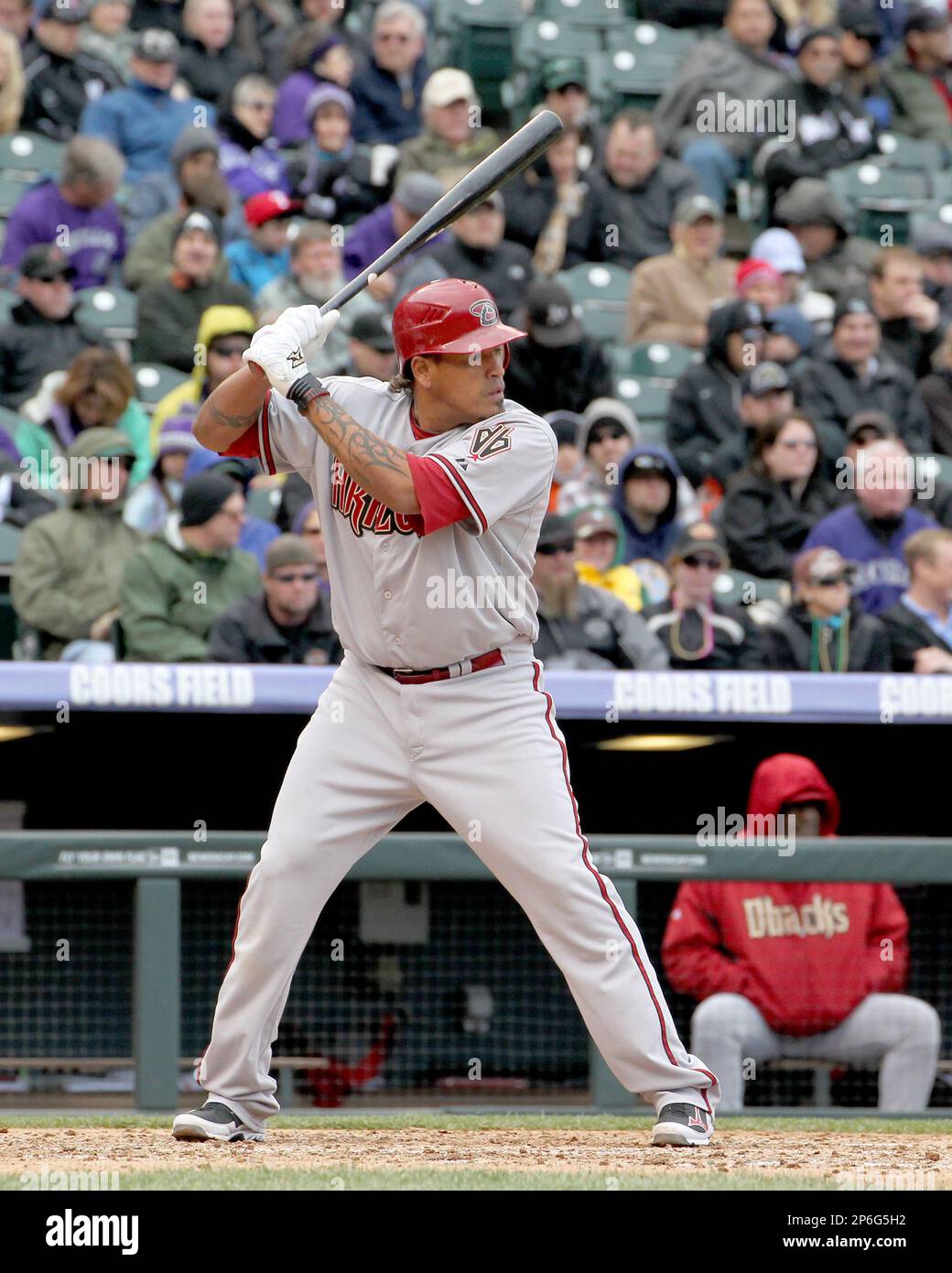 Arizona Diamondbacks catcher Henry Blanco (12) waits for the pitch in a ...