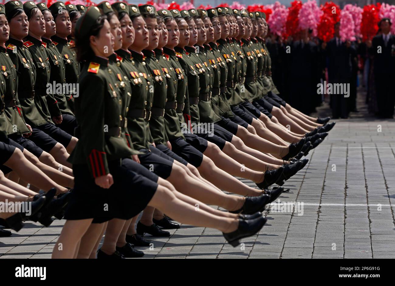 North Korean female soldiers march during a mass military parade in Kim ...