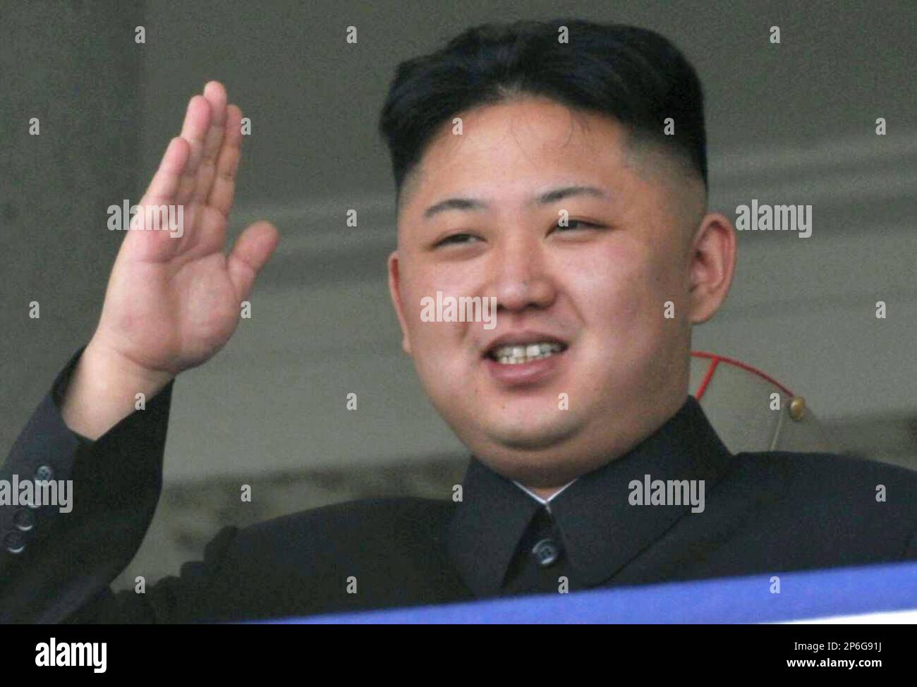 North Korean leader Kim Jong Un salutes during a mass military parade ...
