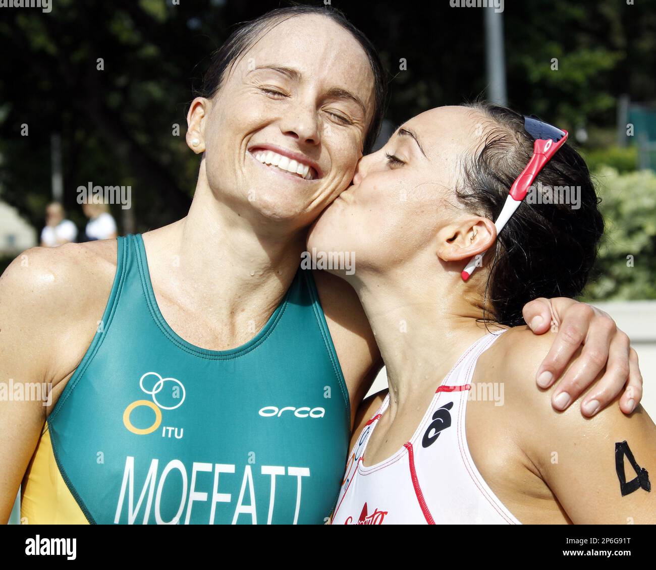 Emma Moffatt, left, of Australia, and Kathy Tremblay, of Canada, at the ...