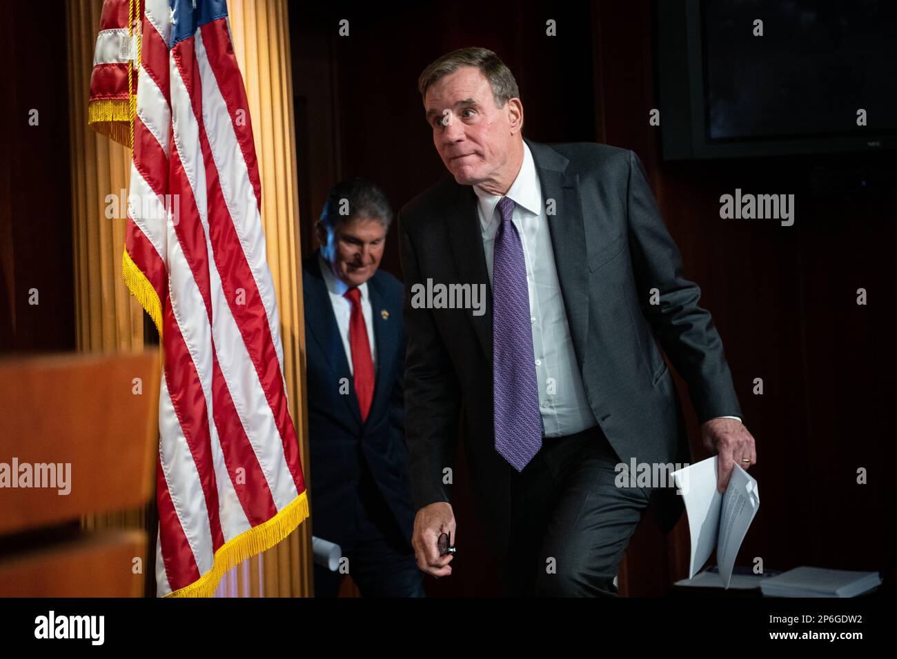 Senator Mark Warner (D-VA) arrives for a press conference on TikTok and ...
