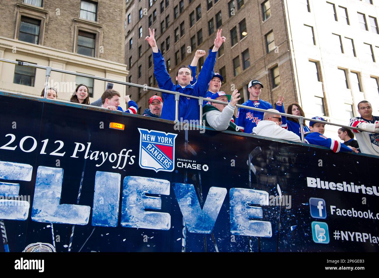 April 12, 2012: New York Rangers fans riding a bus in front of the ...
