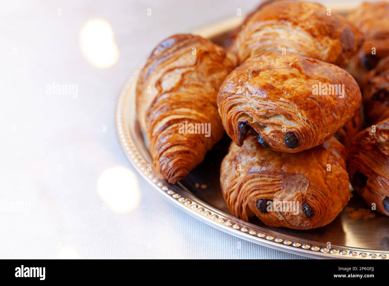 pain au chocolat, french sweet pastry speciality, side view, selective ...