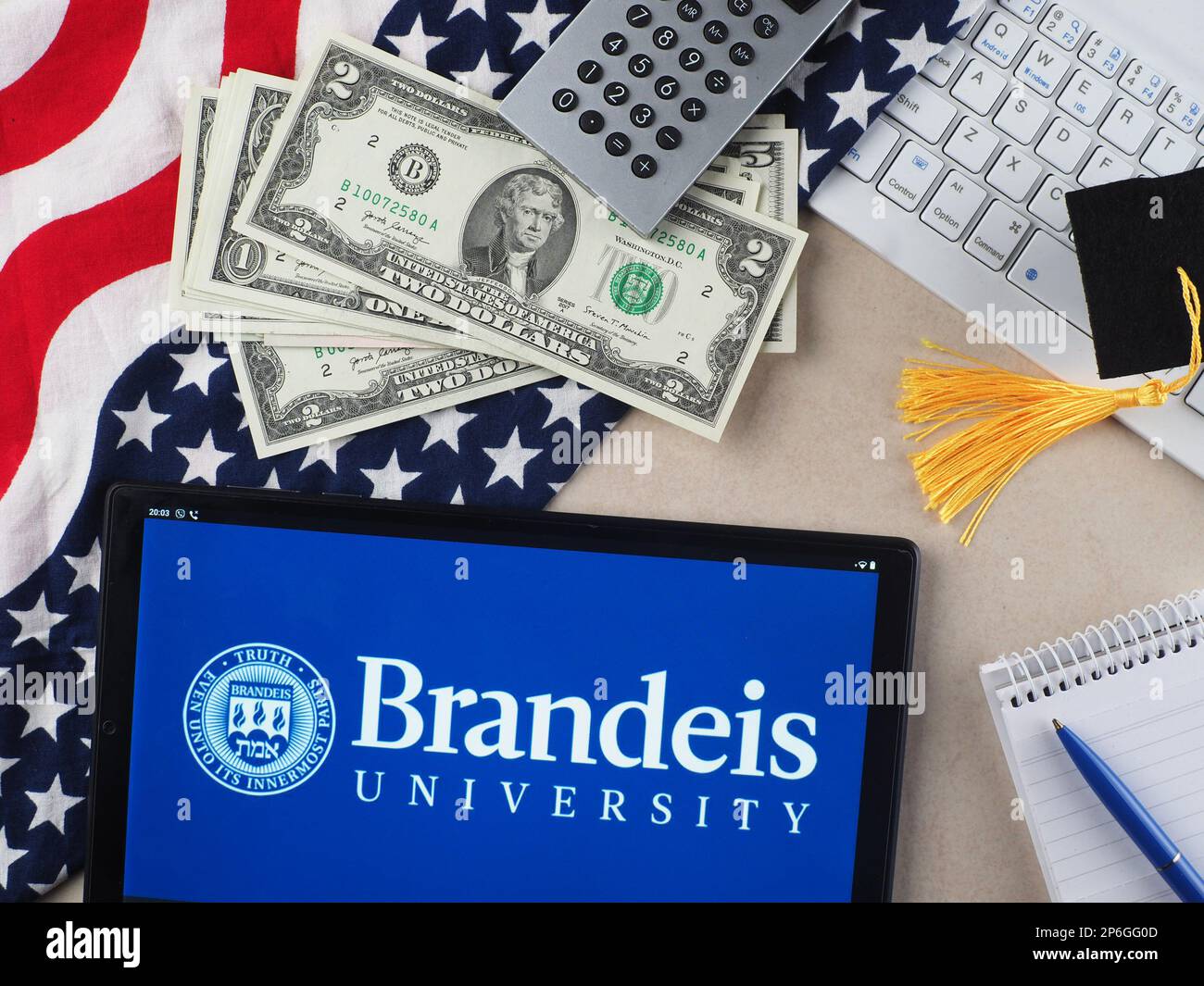In this photo illustration, Brandeis University logo seen displayed on ...