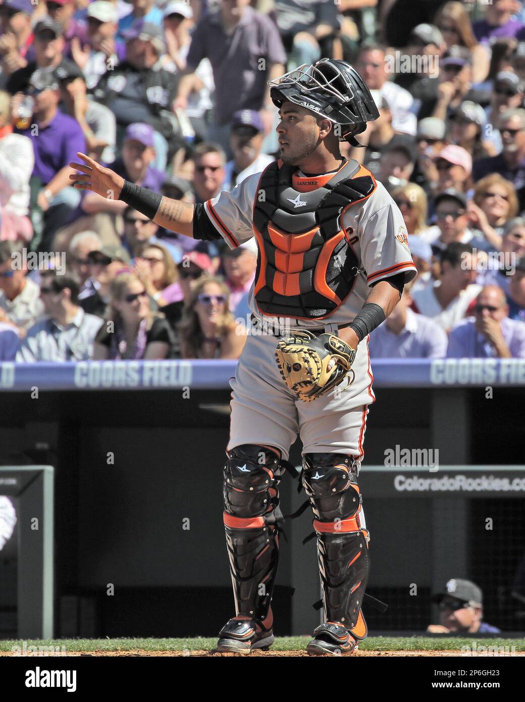 San Francisco Giants catcher Hector Sanchez (29) signals to the infield ...