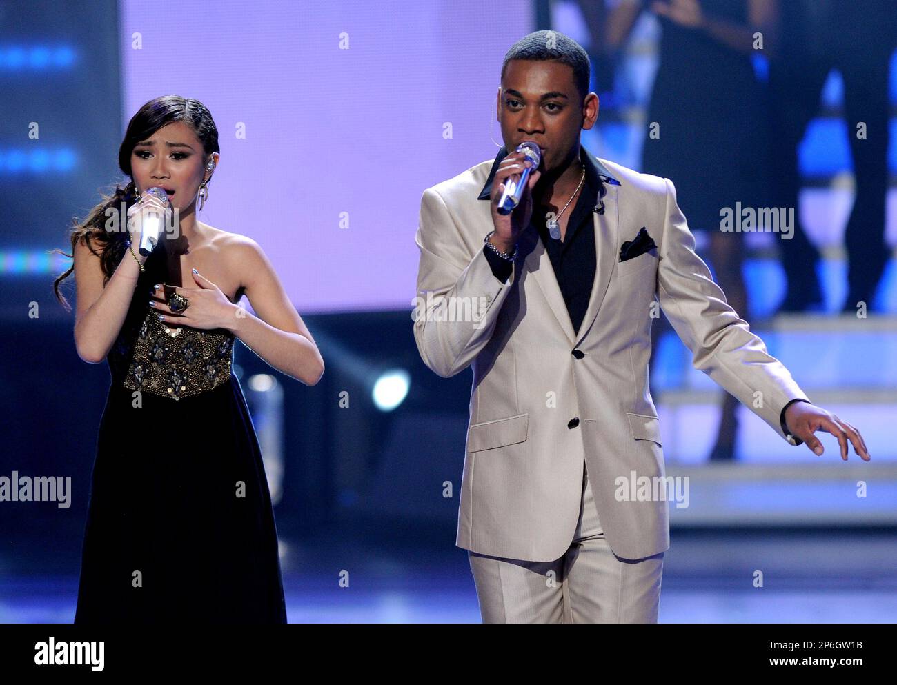 HOLLYWOOD, CA - APRIL 4: Contestant Jessica Sanchez (L) and Joshua ...