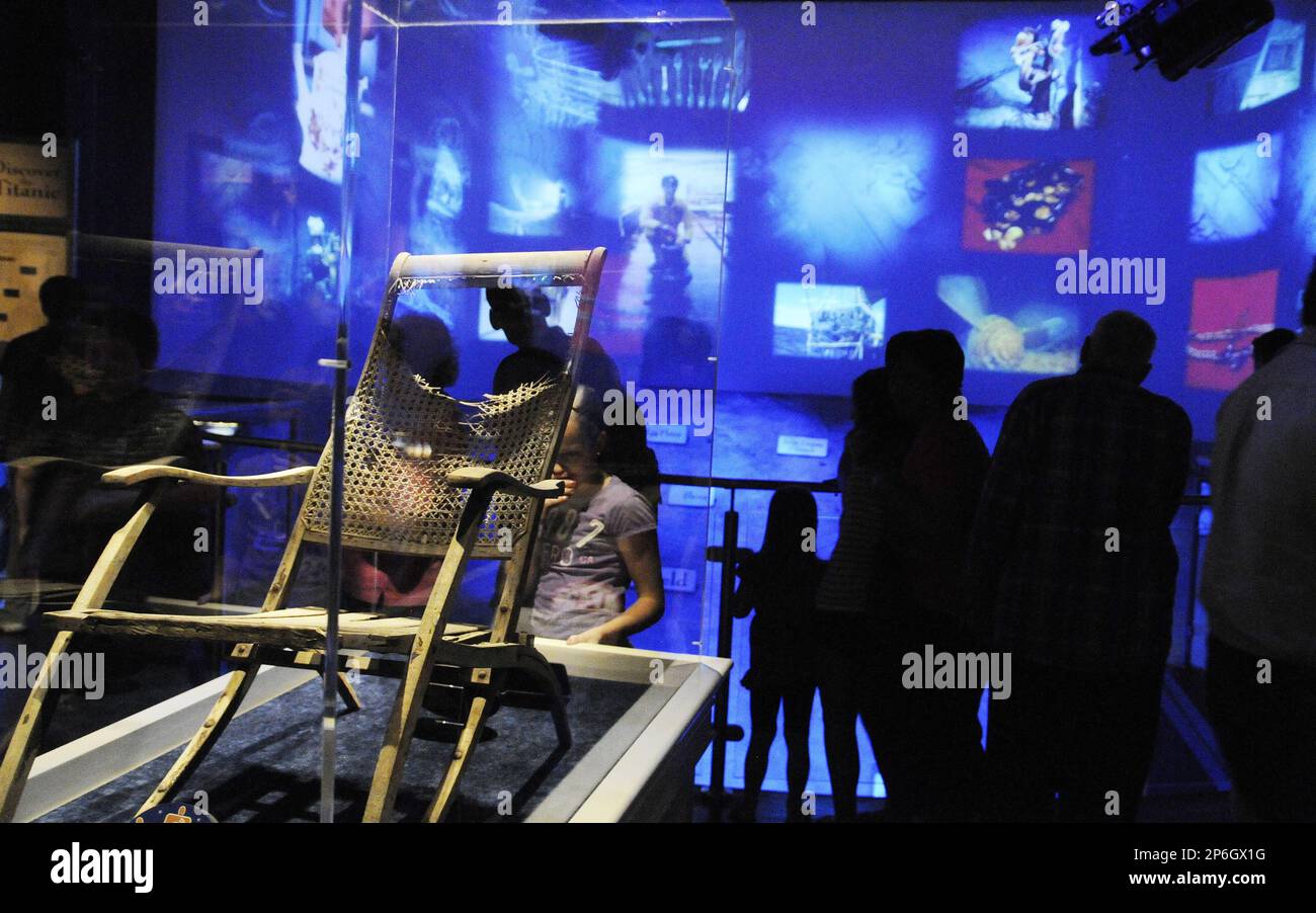 Visitors view a deck chair from the first class Promenade Deck as ...