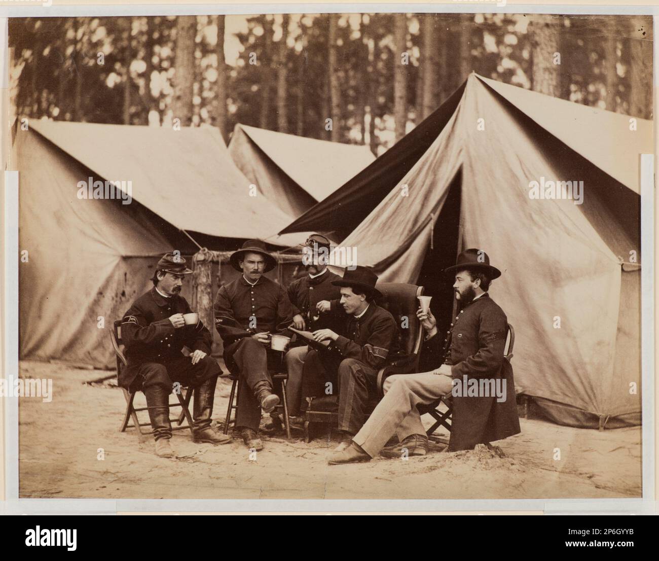 Alexander Gardner, Civil War Scene: five soldiers sitting among tents ...