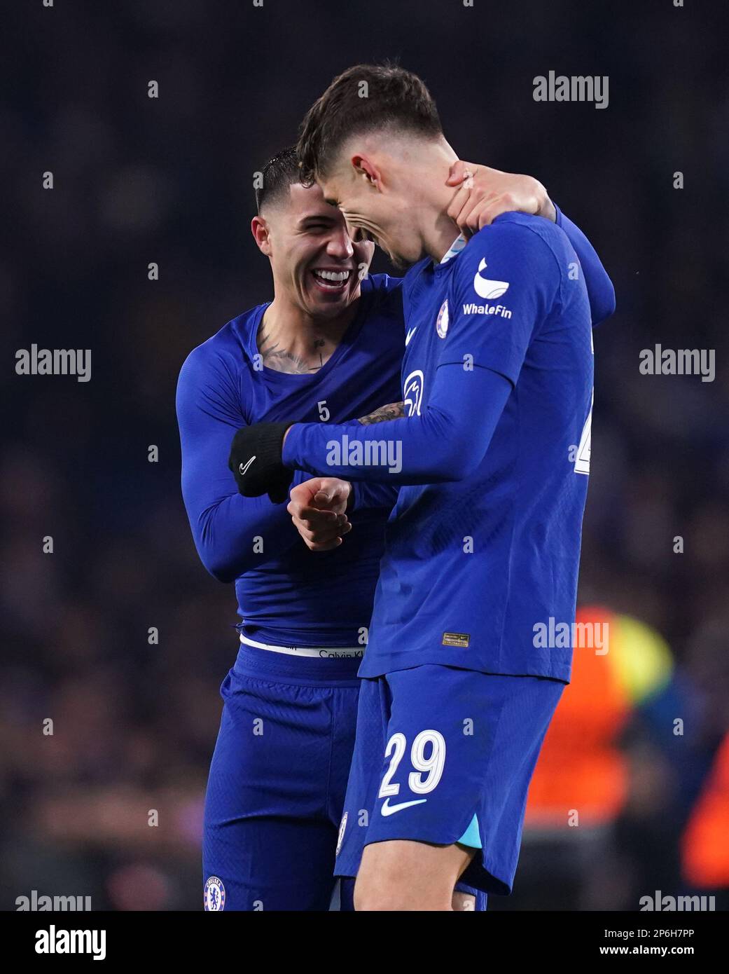 Chelsea's Enzo Fernandez (left) and Kai Havertz celebrate after UEFA ...