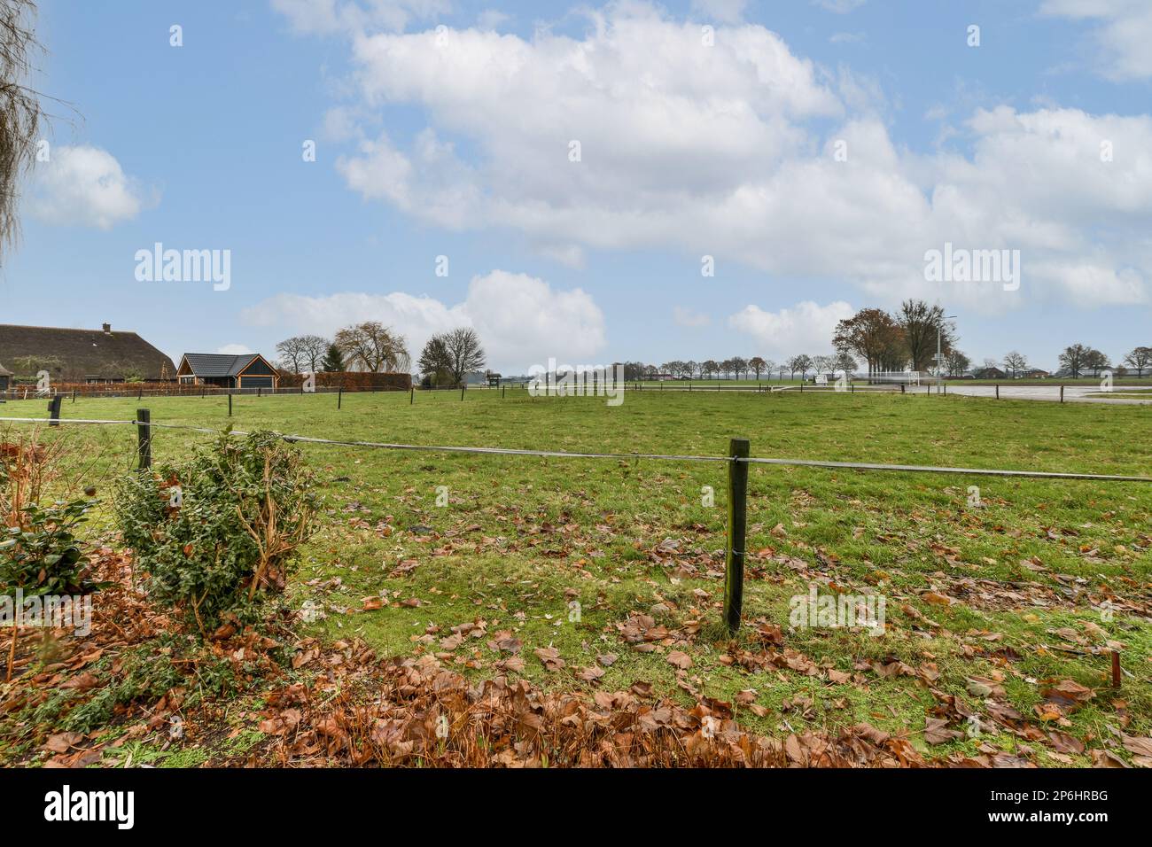 a grassy field with trees and houses in the distance, taken from behind ...