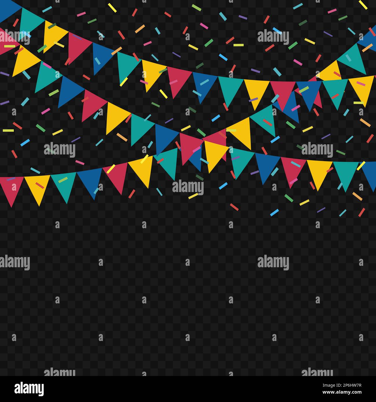 Festive flags and confetti. Carnival party. Garland of colour flags and ...