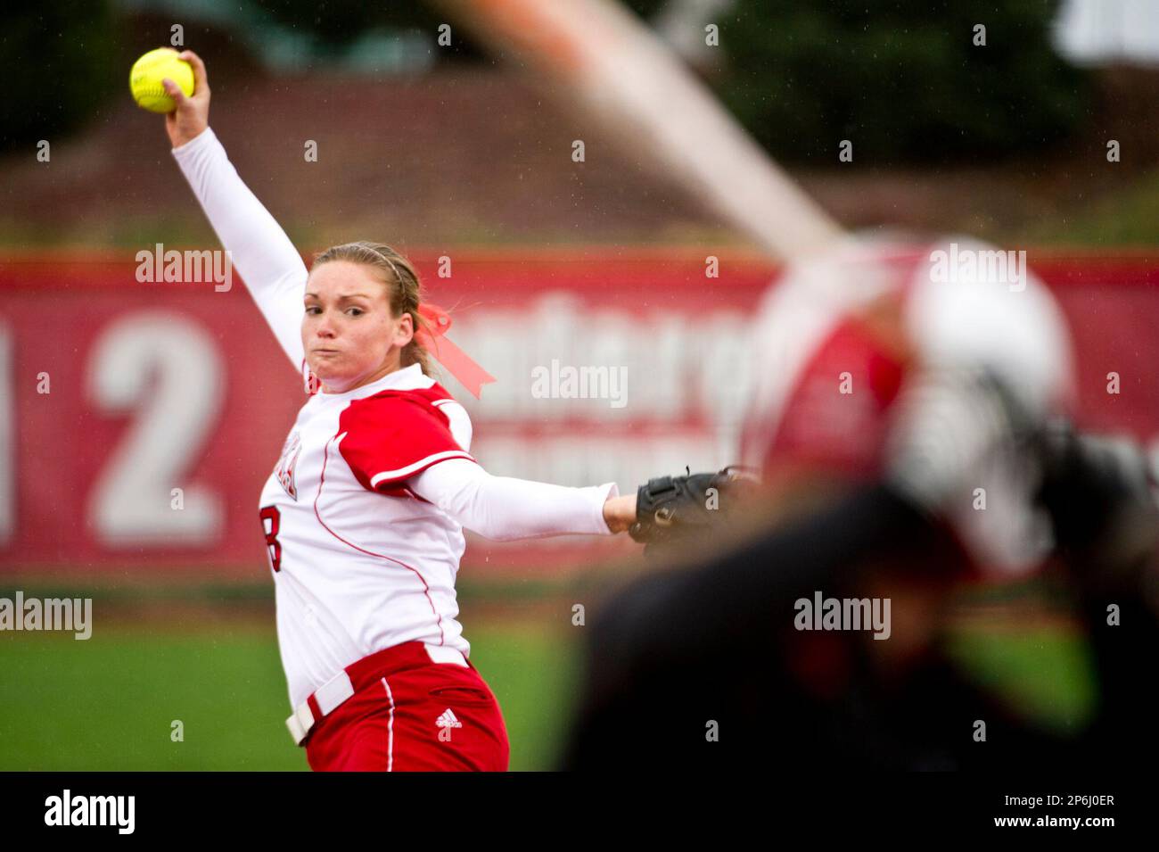 Nebraska pitcher Ashley Hagemann starts off for the Huskers in their ...