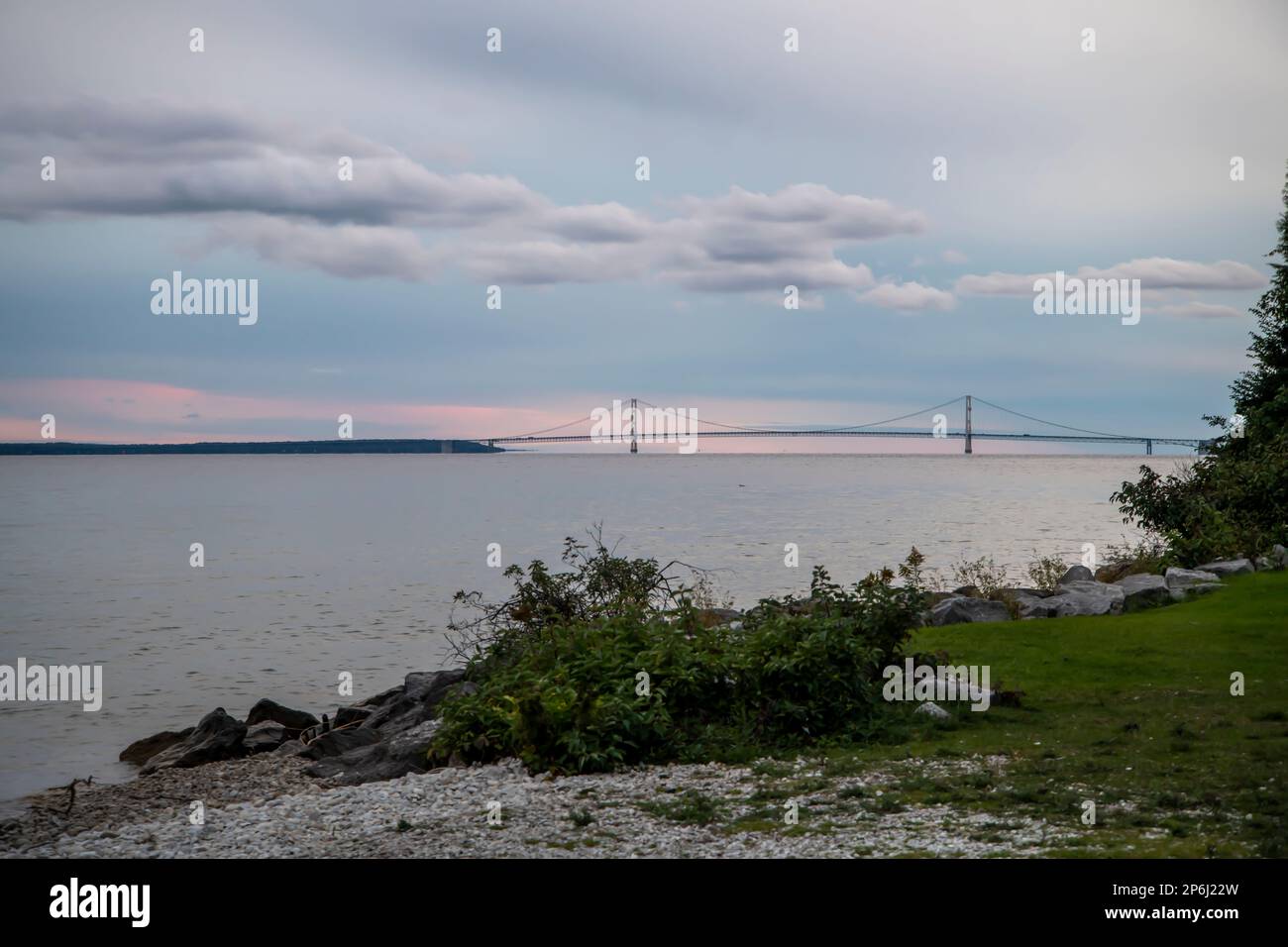 Looking from the shoreline of Mackinac Island, Michigan at the Mackinac ...