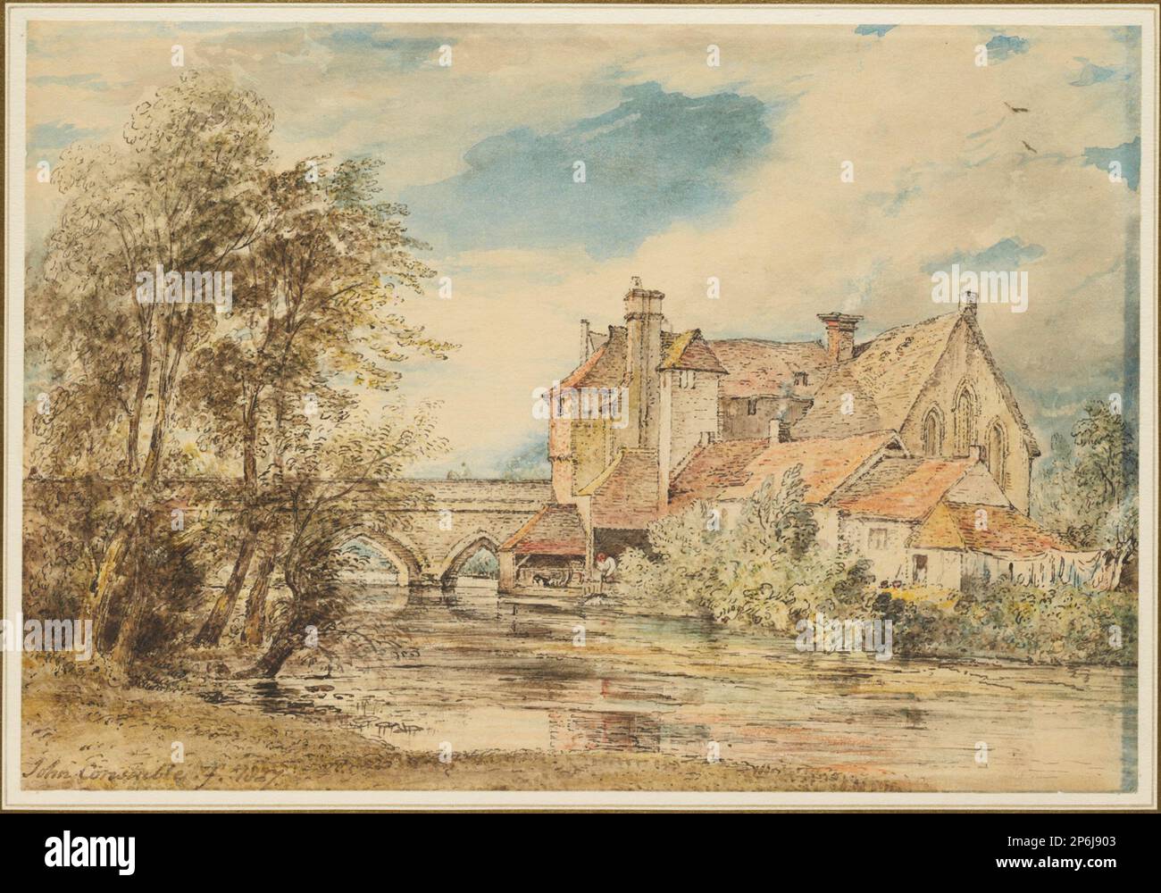 John Constable, Old Houses on Harnam Bridge, Salisbury with the Ancient ...