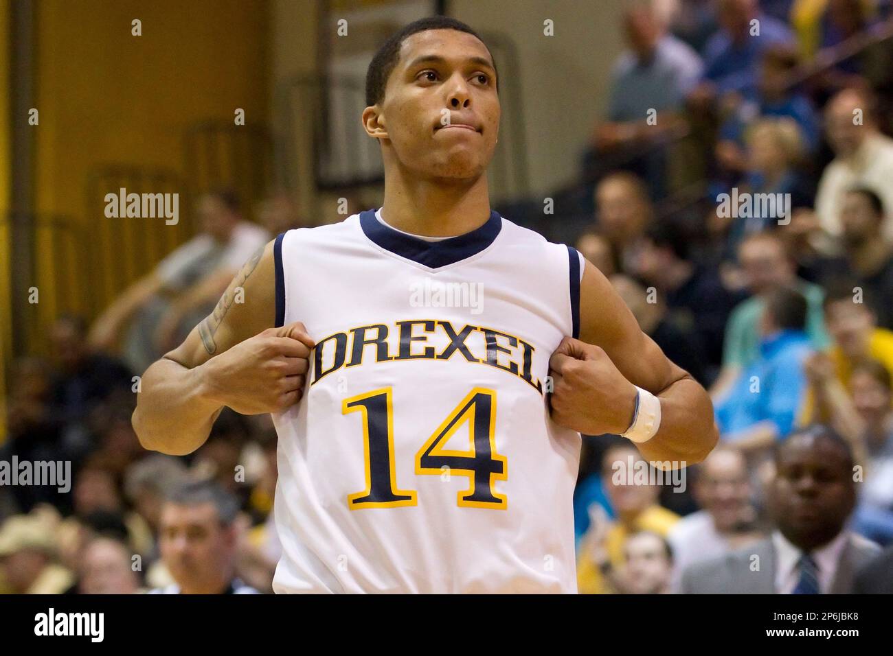 March 14, 2012: Drexel Dragons guard Damion Lee (14) does the Superman ...