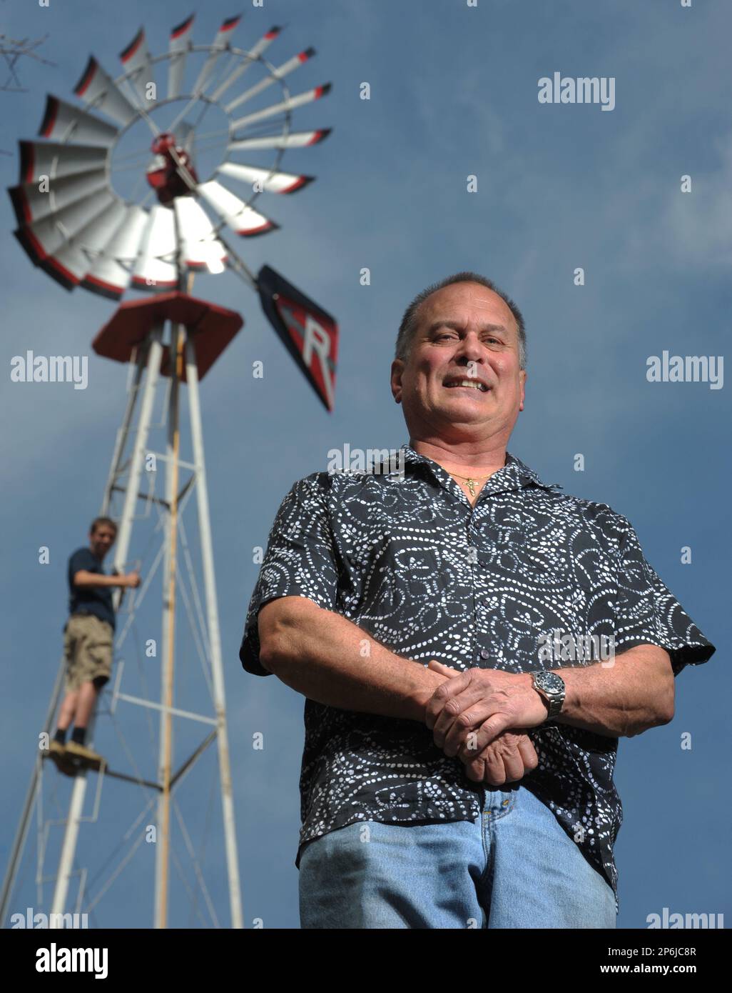 Paul Rovegno, right, and his son Paul Rovegno II, left on windmill ...