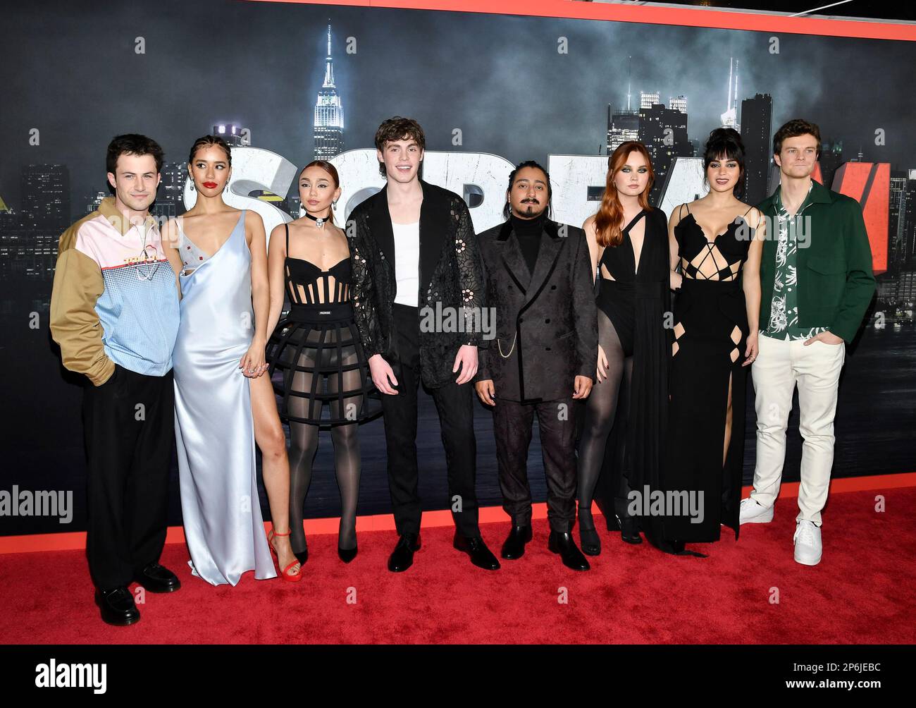 Dylan Minnette, left, Jasmin Savoy Brown, Devyn Nekoda, Jack Champion ...