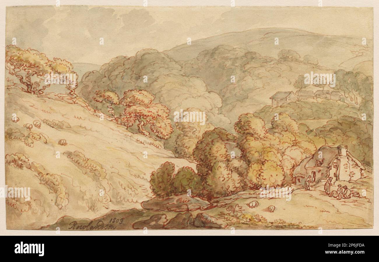Thomas Rowlandson, Wooded Hilly Landscape with Cottage and Figures ...