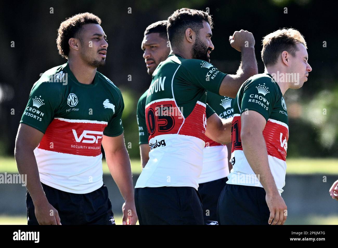 Alex Johnston (centre) and Blake Taaffe (right) during a South Sydney ...