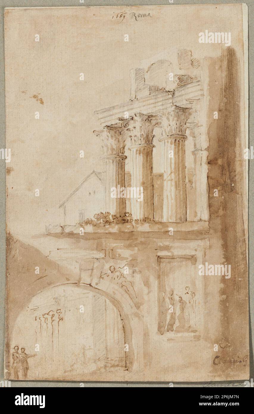 Follower of Claude Lorrain, Antique Ruins, pen and brown ink with brush ...