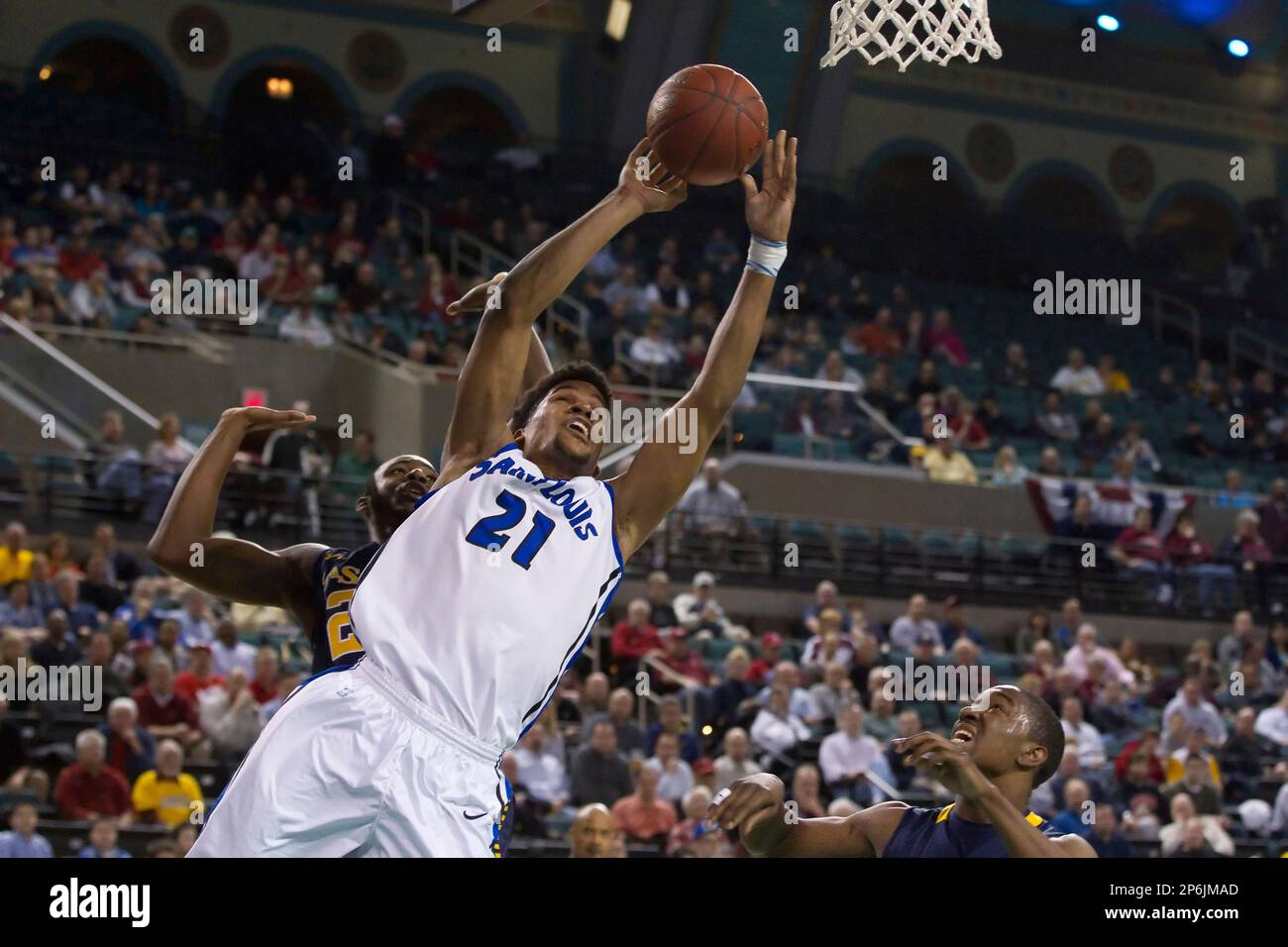 March 9, 2012: Saint Louis Billikens forward Dwayne Evans (21) goes up ...