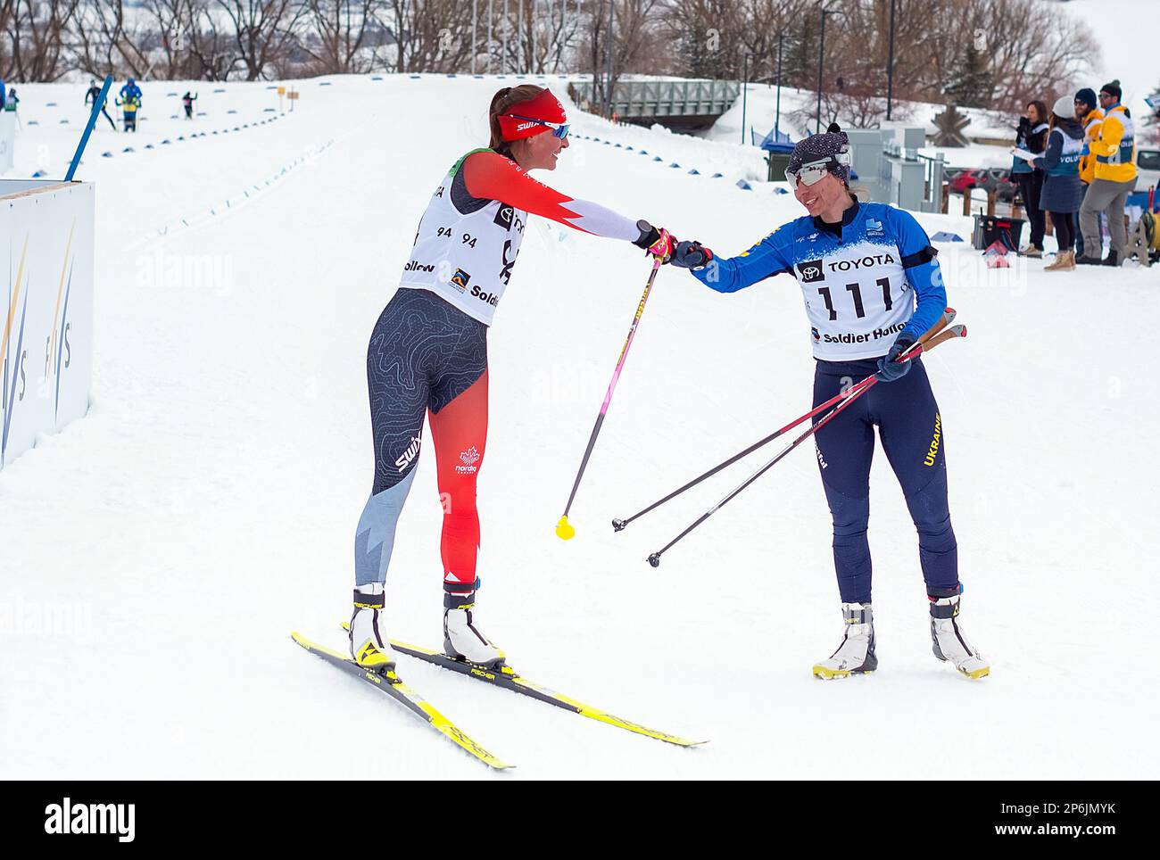 March 7, 2023: Team Canada's, Brittany Hudak (l), is congratulated ...