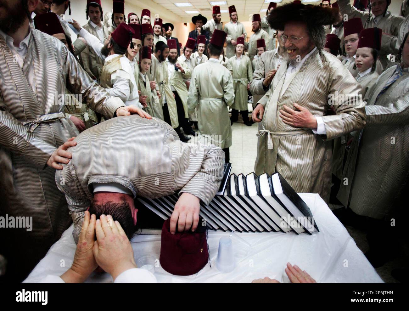 Utra-orthodox Jewish men celebrate Purim inside a synagogue in ...