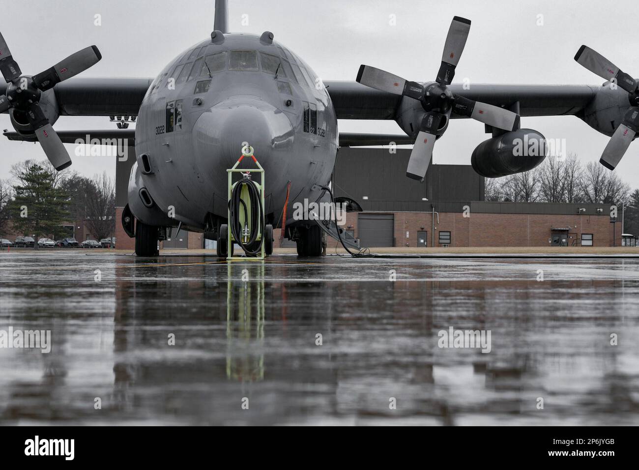 A C-130H Hercules aircraft sits on the flight line on Feb. 16, 2023, at Youngstown Air Reserve ...