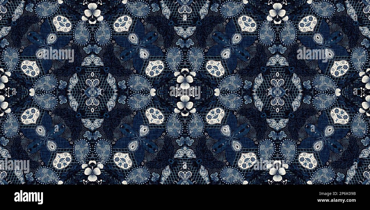 Retro indigo floral bandana 2 tone patterned fabric border background ...